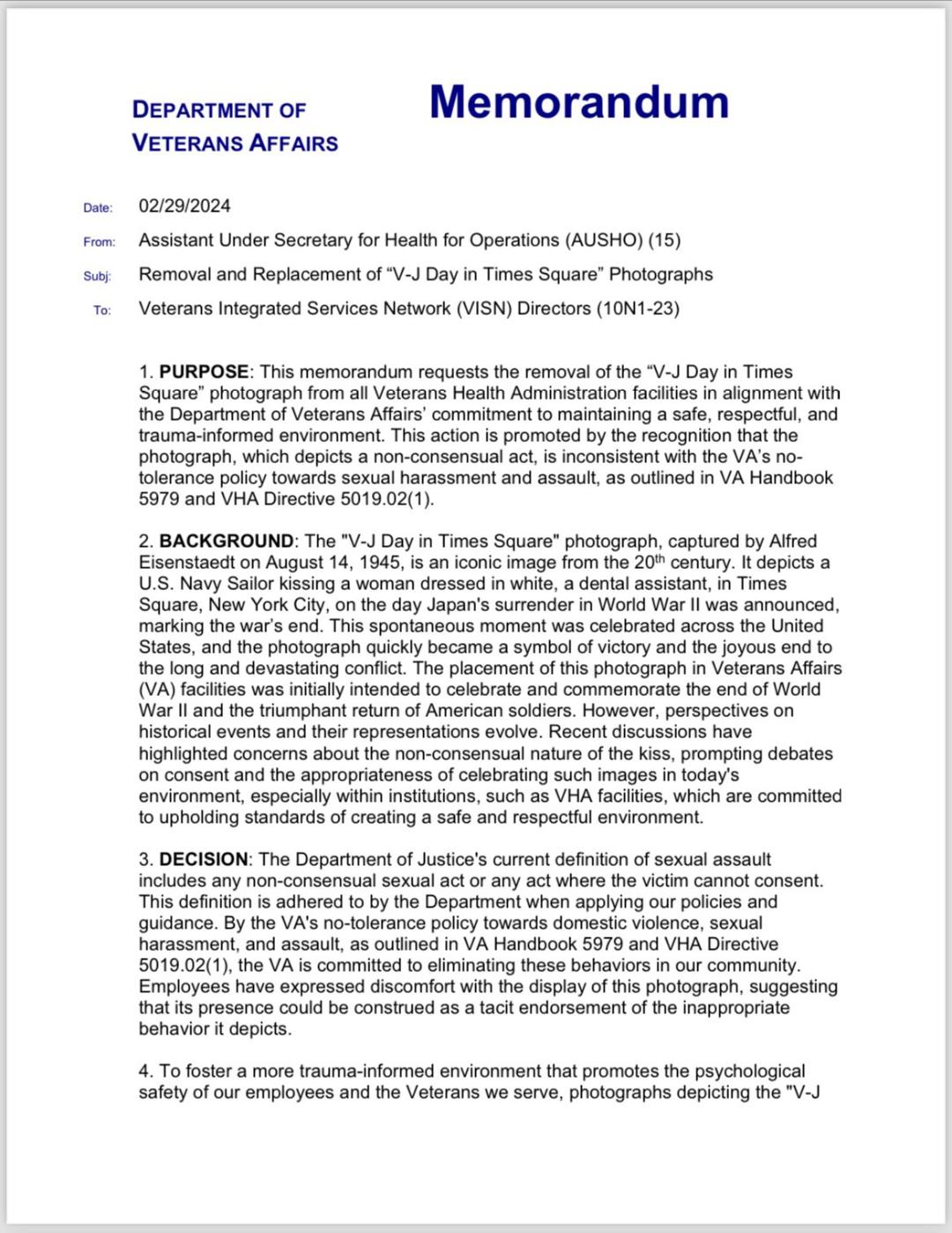 Mystery: Who Sent Out a Memo from the VA Banning Famed VJ Kissing Photo ...