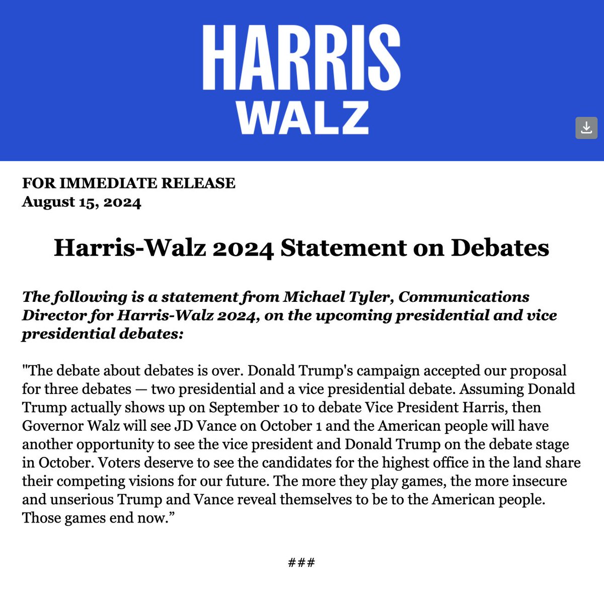 Harris Campaign Says "Debate over Debates Is Over," Trump Agrees to ABC ...