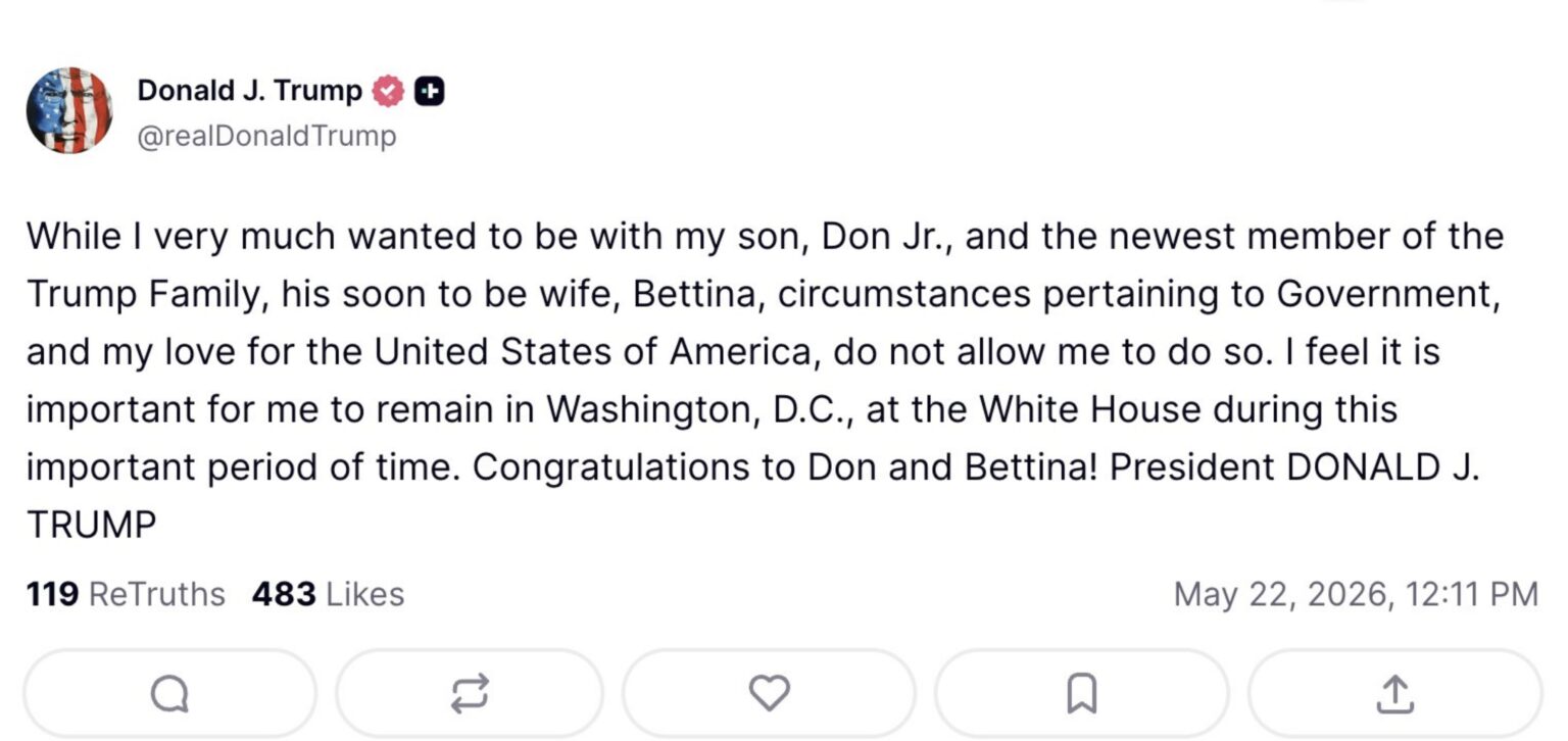 Family Man: Trump Will Miss Son Don Jr's Second Wedding This Weekend ...